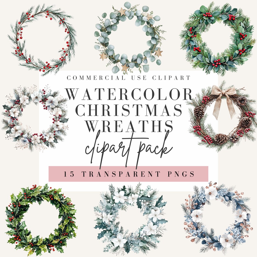 Christmas Wreaths Clipart, Watercolor Style, Transparent Background ...