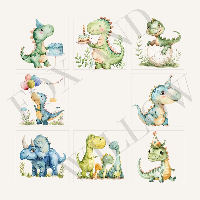 Cute Dinosaur Themed Watercolor Clipart, Transparent Commercial Use PNG ...