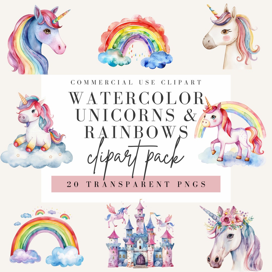 Unicorns and Rainbows Clipart, Watercolor Transparent Commercial Use ...