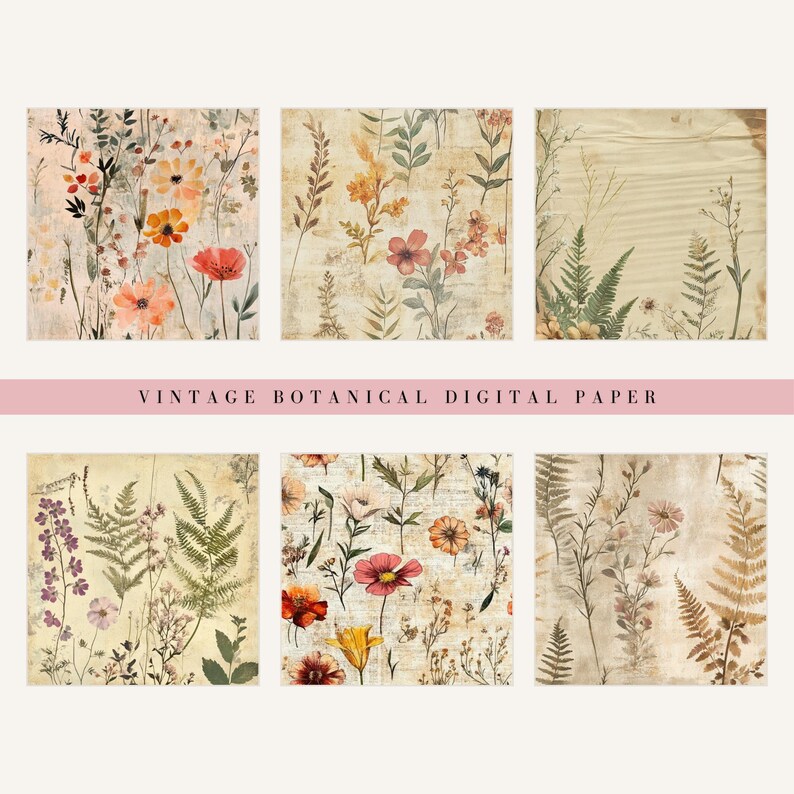 Vintage Botanical Digital Paper, Commercial Use PNG, Antique Floral ...