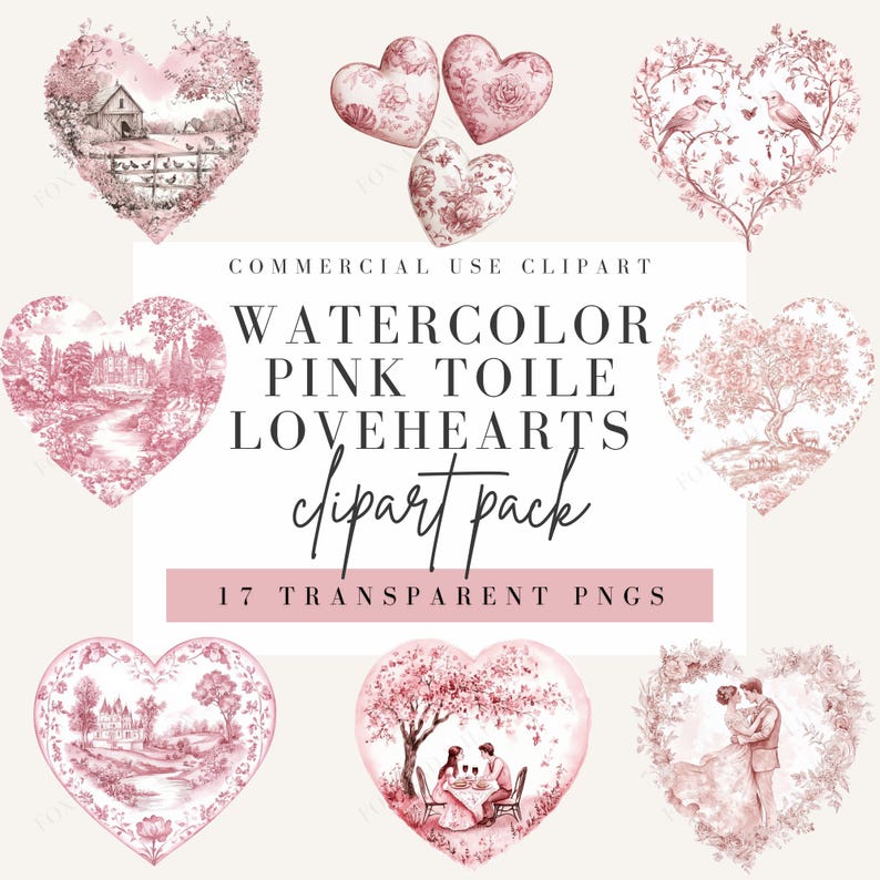 Pink Toile Lovehearts Clipart, Watercolor Style, Love Heart Clip Art ...