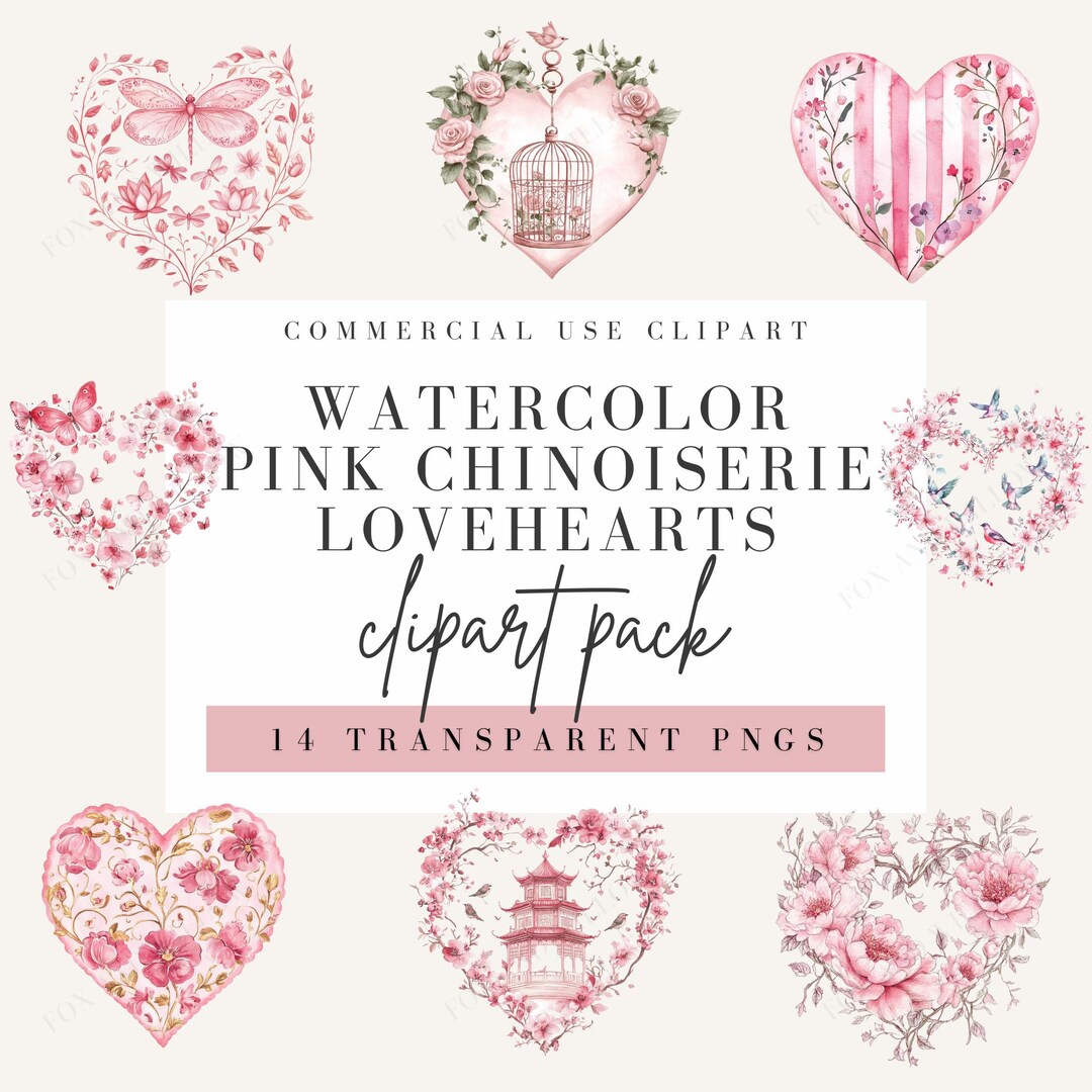 Pink Chinoiserie Lovehearts Clipart, Watercolor Style, Love Heart Clip ...