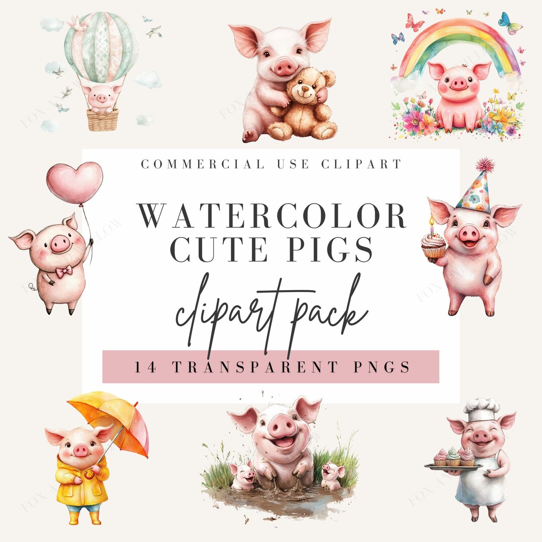 Cute Pigs Clipart, Watercolor Style, Adorable Pig Clip Art, Farm Animal ...