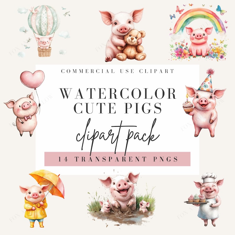 Cute Pigs Clipart, Watercolor Style, Adorable Pig Clip Art, Farm Animal ...