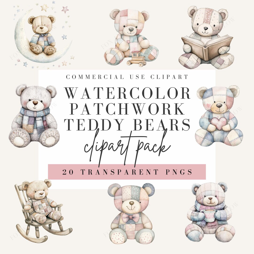 Patchwork Teddy Bears Clipart, Beige Bear Clip Art, Soft Plush Toy ...