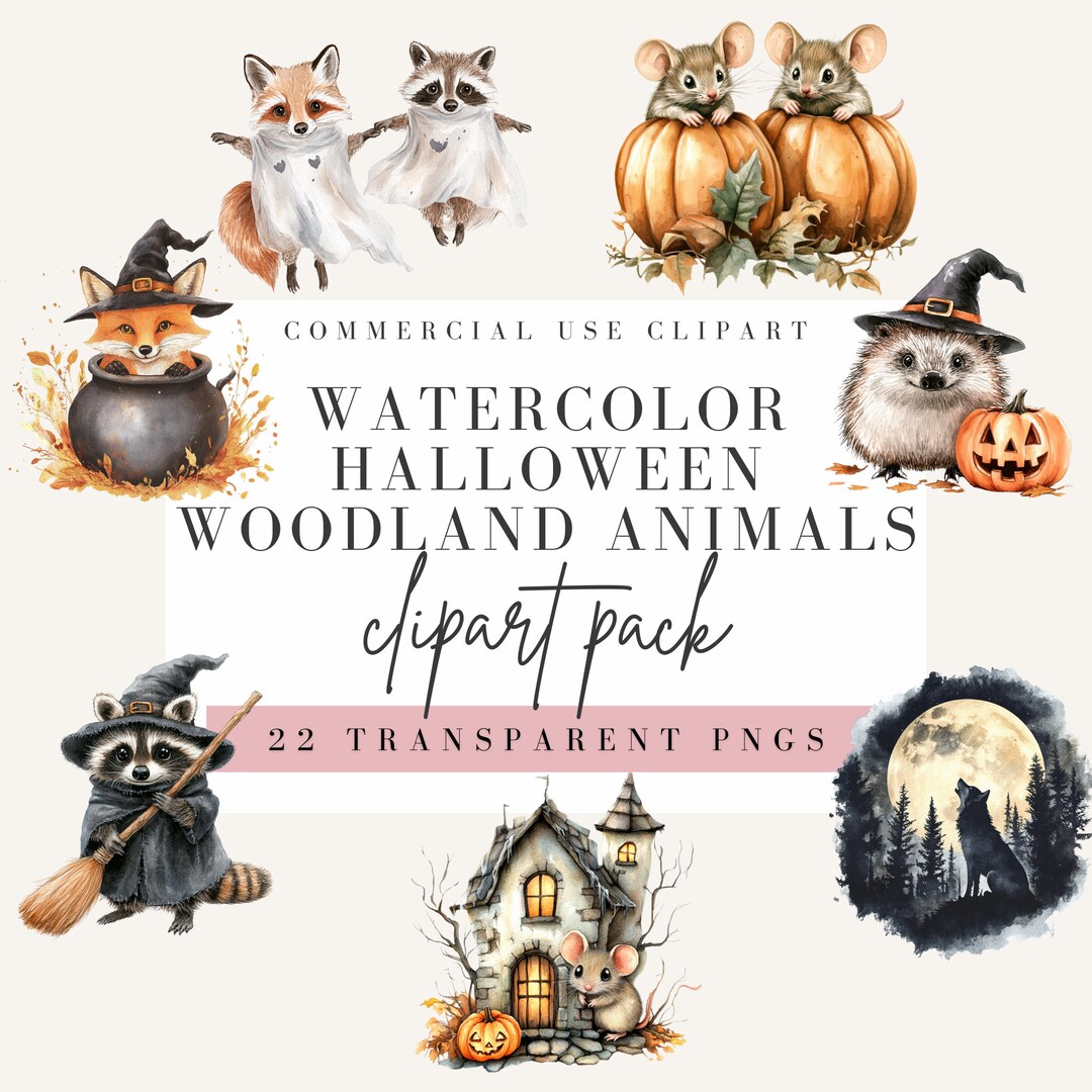 Halloween Woodland Animals Clipart, Watercolor Style, Transparent ...
