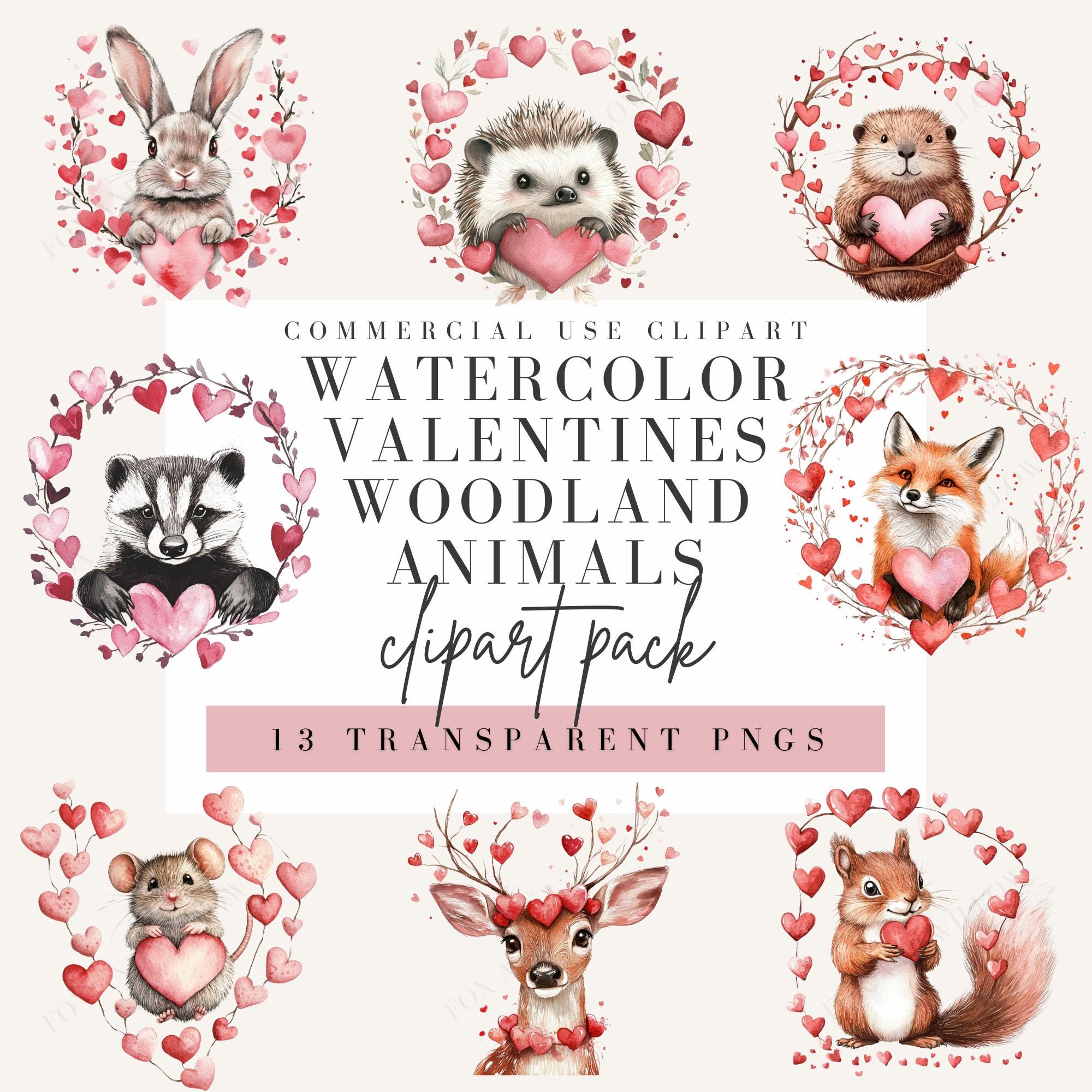 Valentine Woodland Amimals Clipart, Watercolor Style, Quirky Animal ...