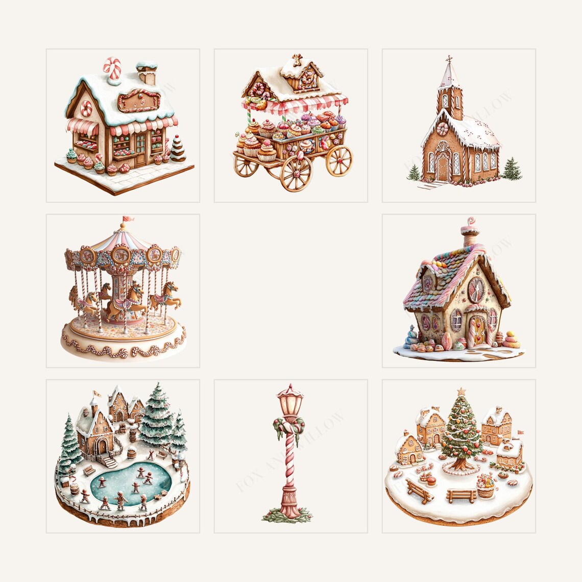 Christmas Gingerbread Village Clipart, Watercolor Style, Transparent ...