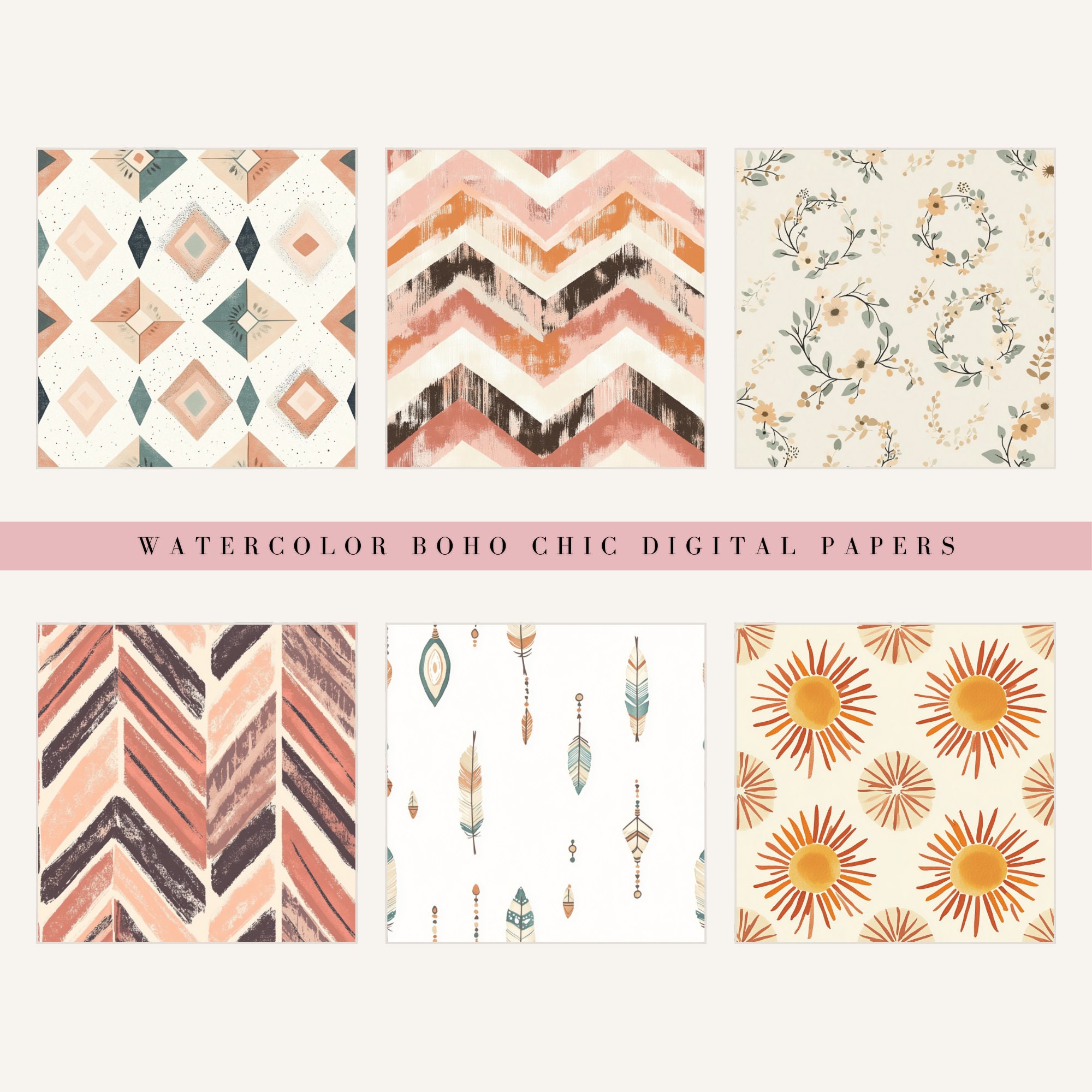 Boho Chic Digital Paper, Watercolor Style, Commercial Use PNG, Fall ...