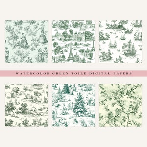 Green Toile Digital Paper, Watercolor Style, Commercial Use PNG ...