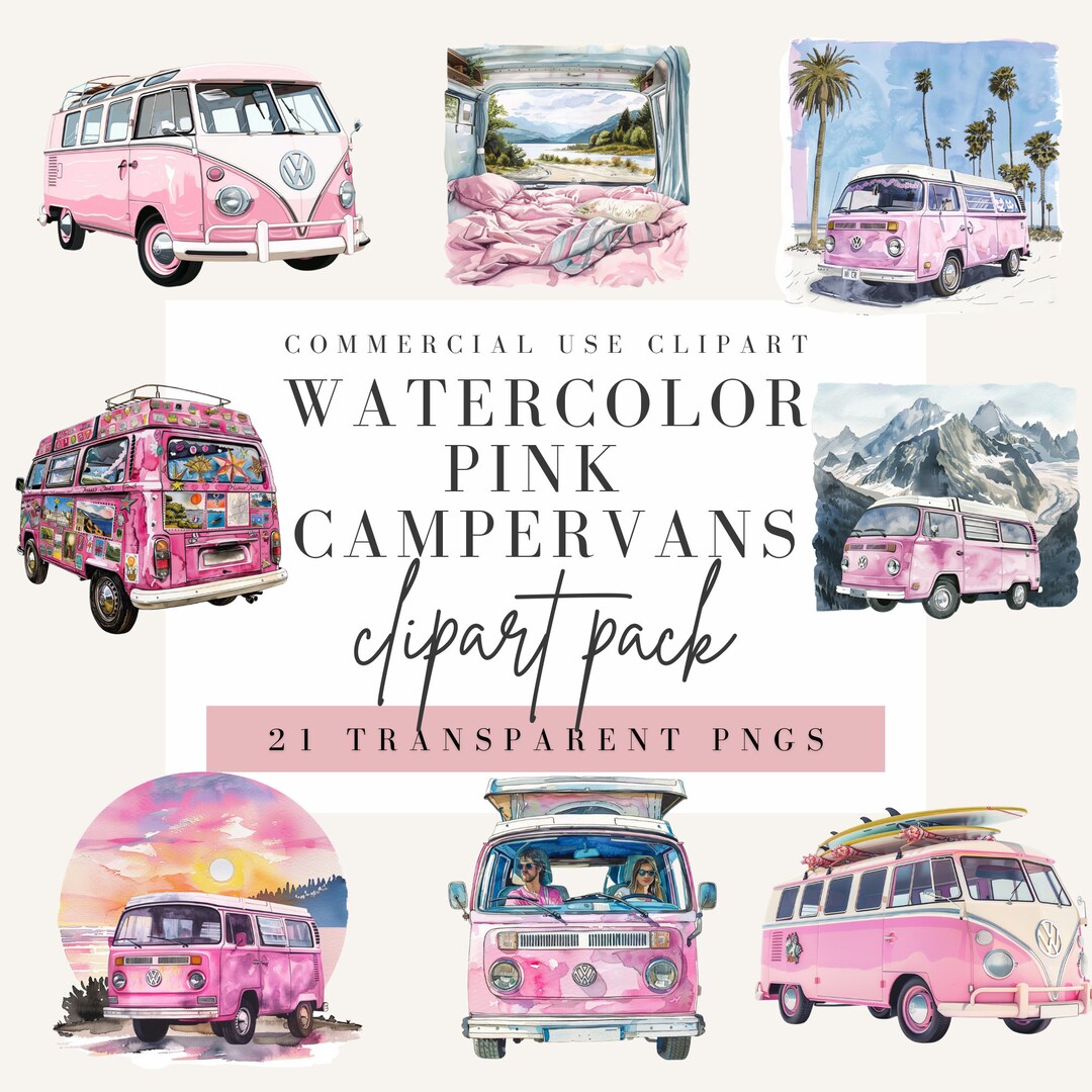 Pink Campervan Watercolor Clipart, Transparent Commercial Use PNG ...