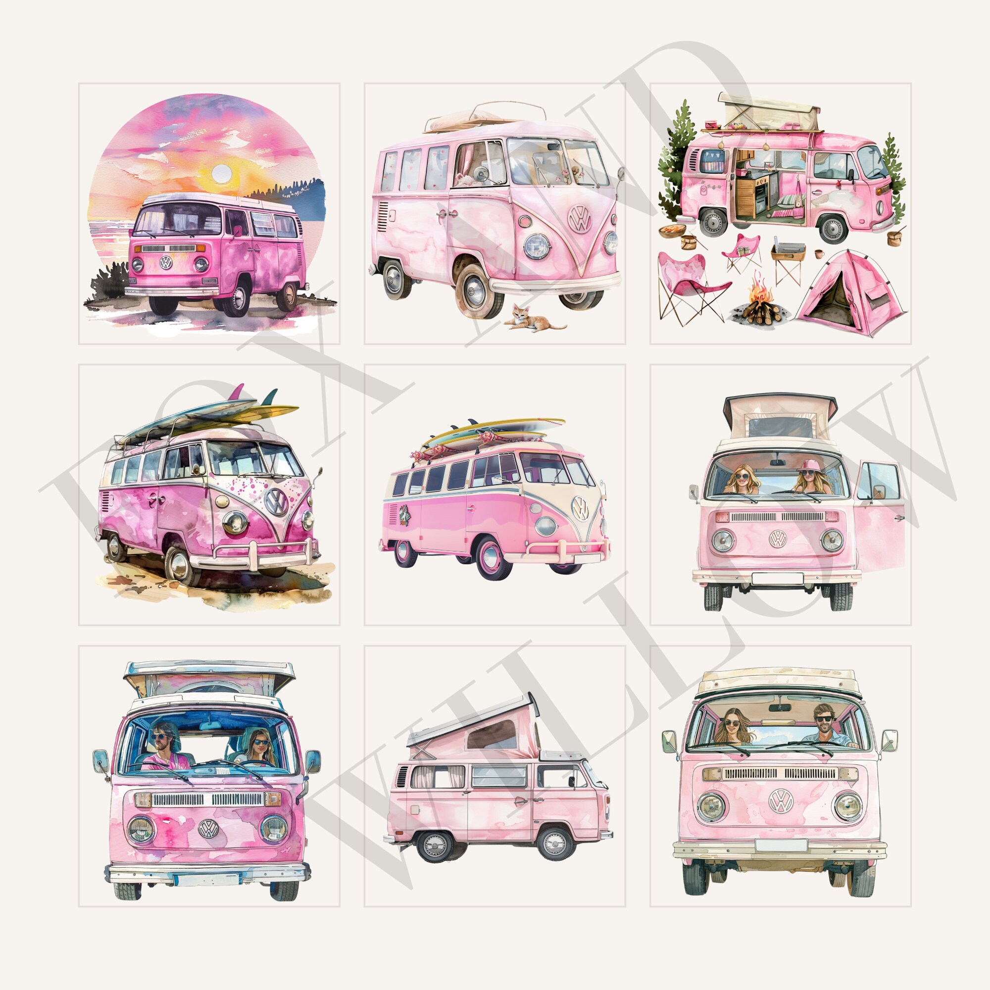 Pink Campervan Watercolor Clipart, Transparent Commercial Use PNG ...