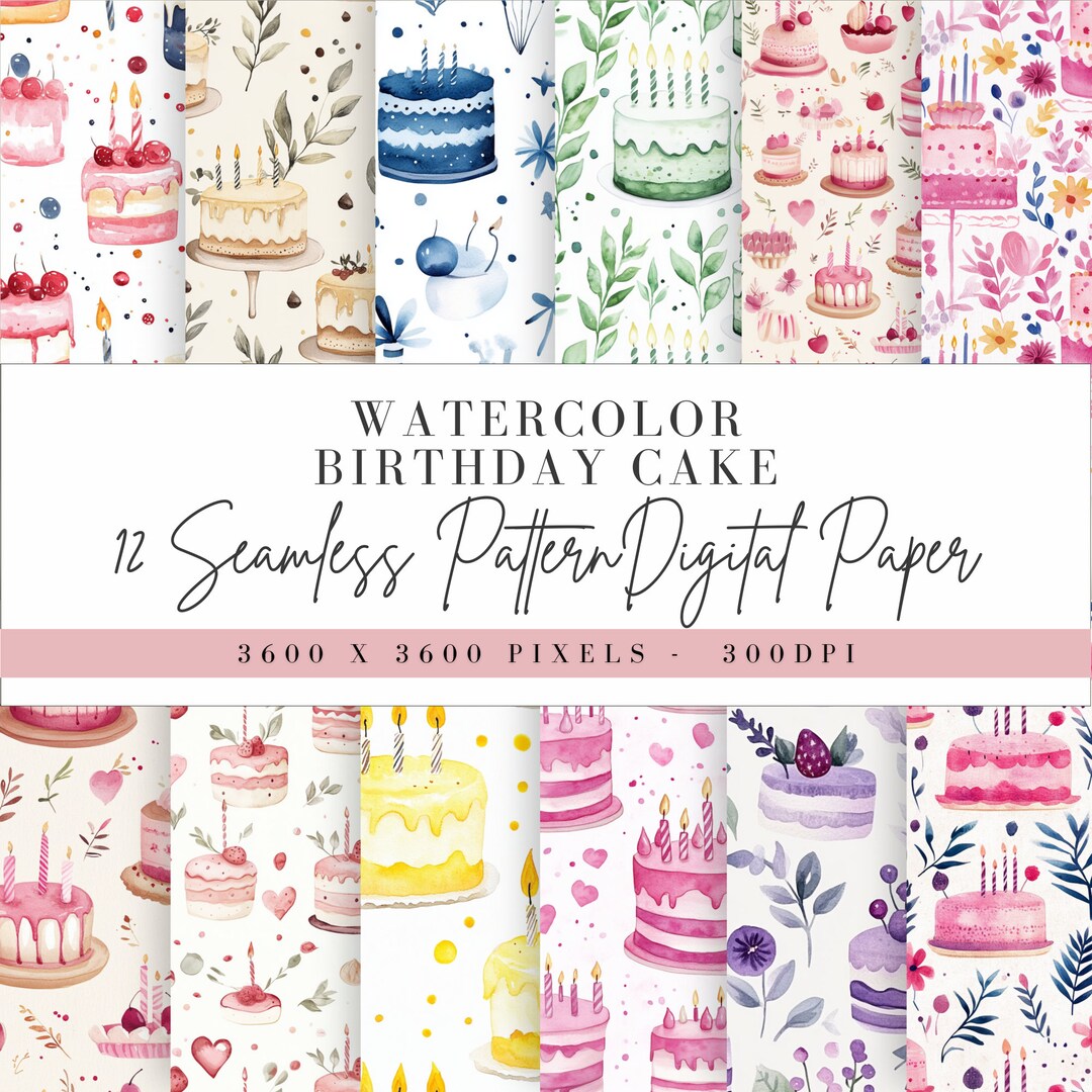 Birthday Cake Digital Paper, Watercolor Style, Commercial Use PNG, Pink ...