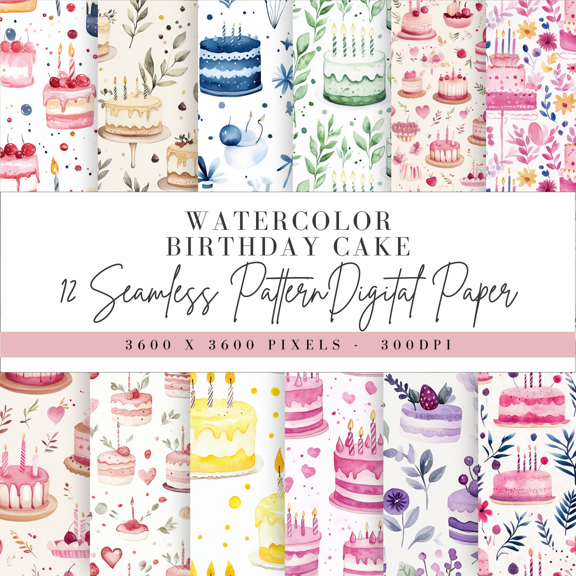 Birthday Cake Digital Paper, Watercolor Style, Commercial Use PNG, Pink ...