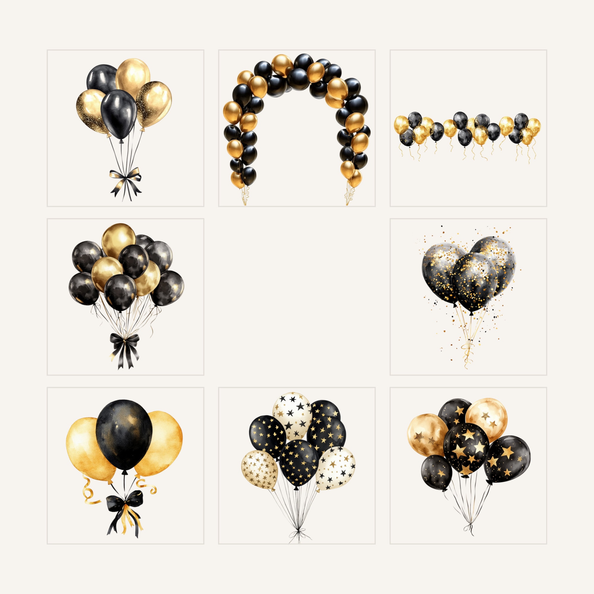 Black and Gold Balloon Clipart, Watercolor Style, Transparent ...