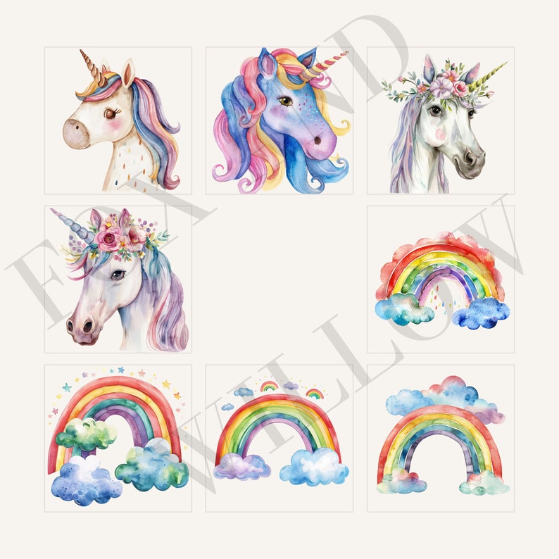 Unicorns and Rainbows Clipart, Watercolor Transparent Commercial Use ...