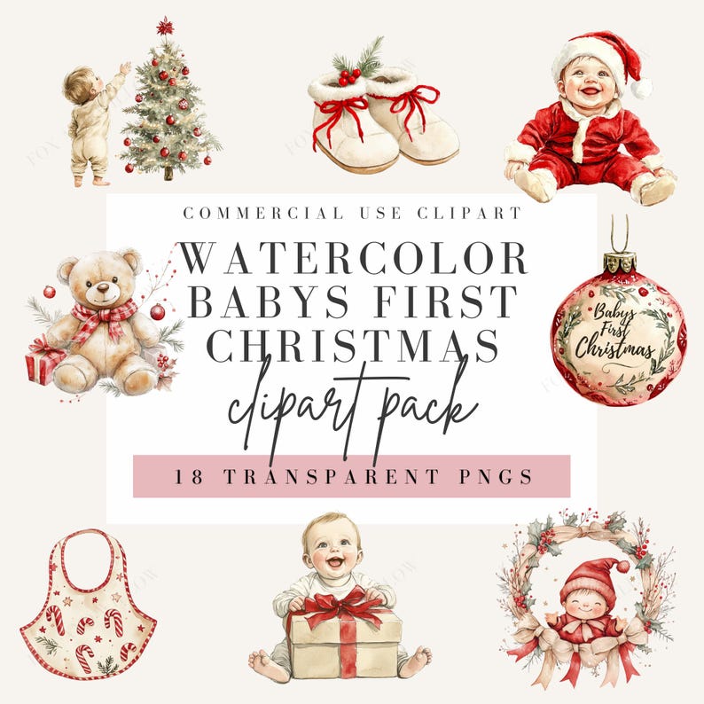 Babys First Christmas Clipart, Watercolor Style, Festive Infant Clip ...