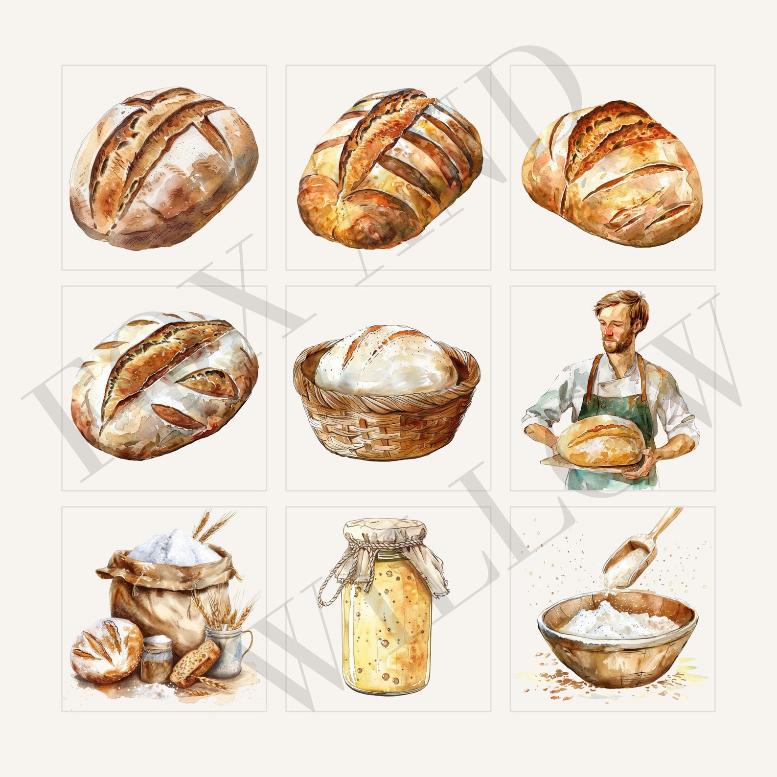 Sourdough Bread Watercolor Clipart, Transparent Commercial Use PNG ...
