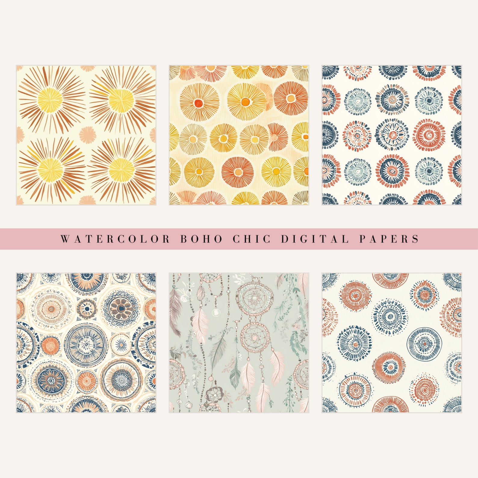 Boho Chic Digital Paper, Watercolor Style, Commercial Use PNG, Fall ...