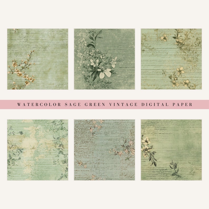 Sage Green Vintage Digital Paper, Watercolor Style, Commercial Use PNG ...
