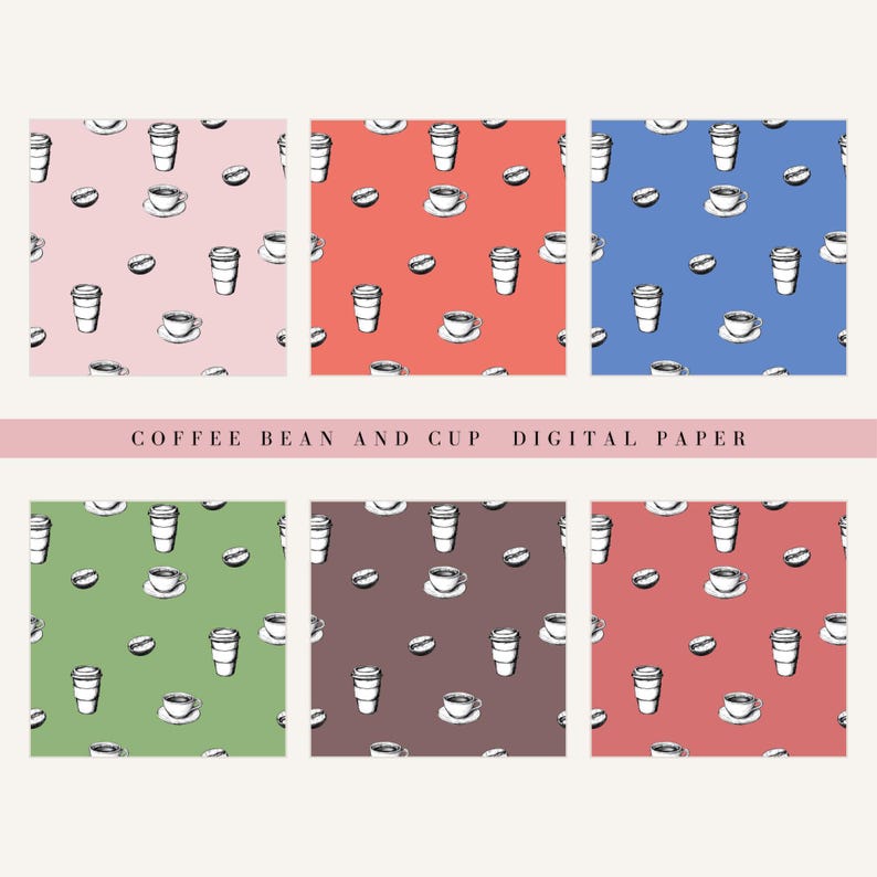 Coffee Bean and Cup Digital Paper, Commercial Use PNG, Seamless Pattern ...