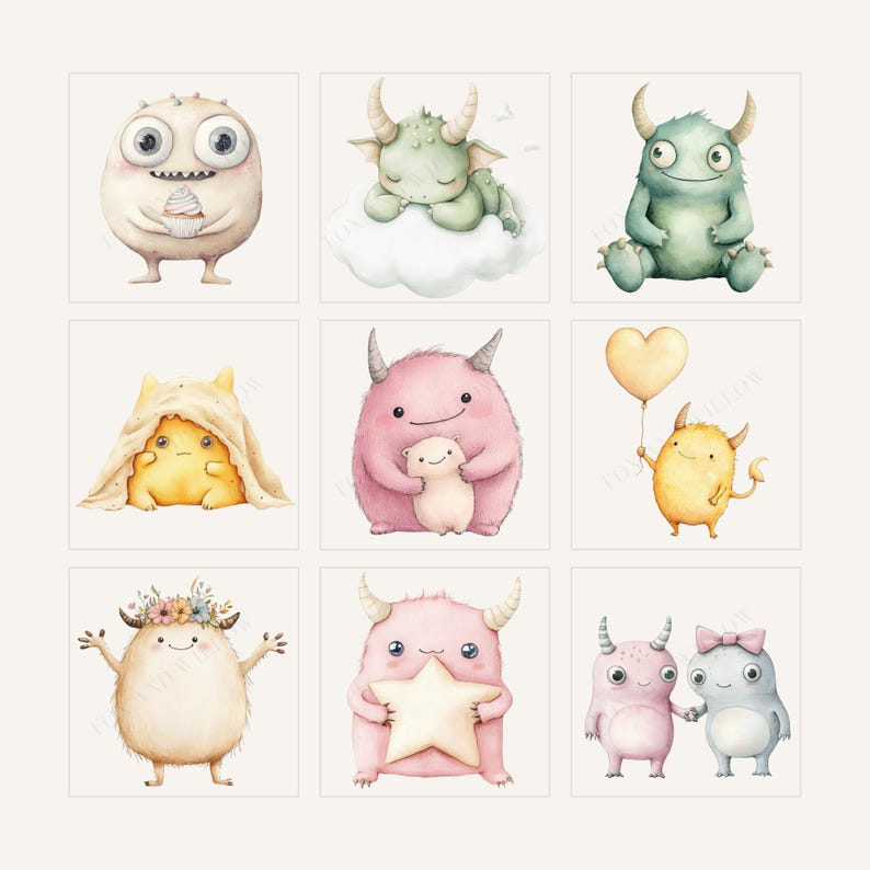 Friendly Monsters Clipart, Watercolor Style, Cute Monster Clip Art ...