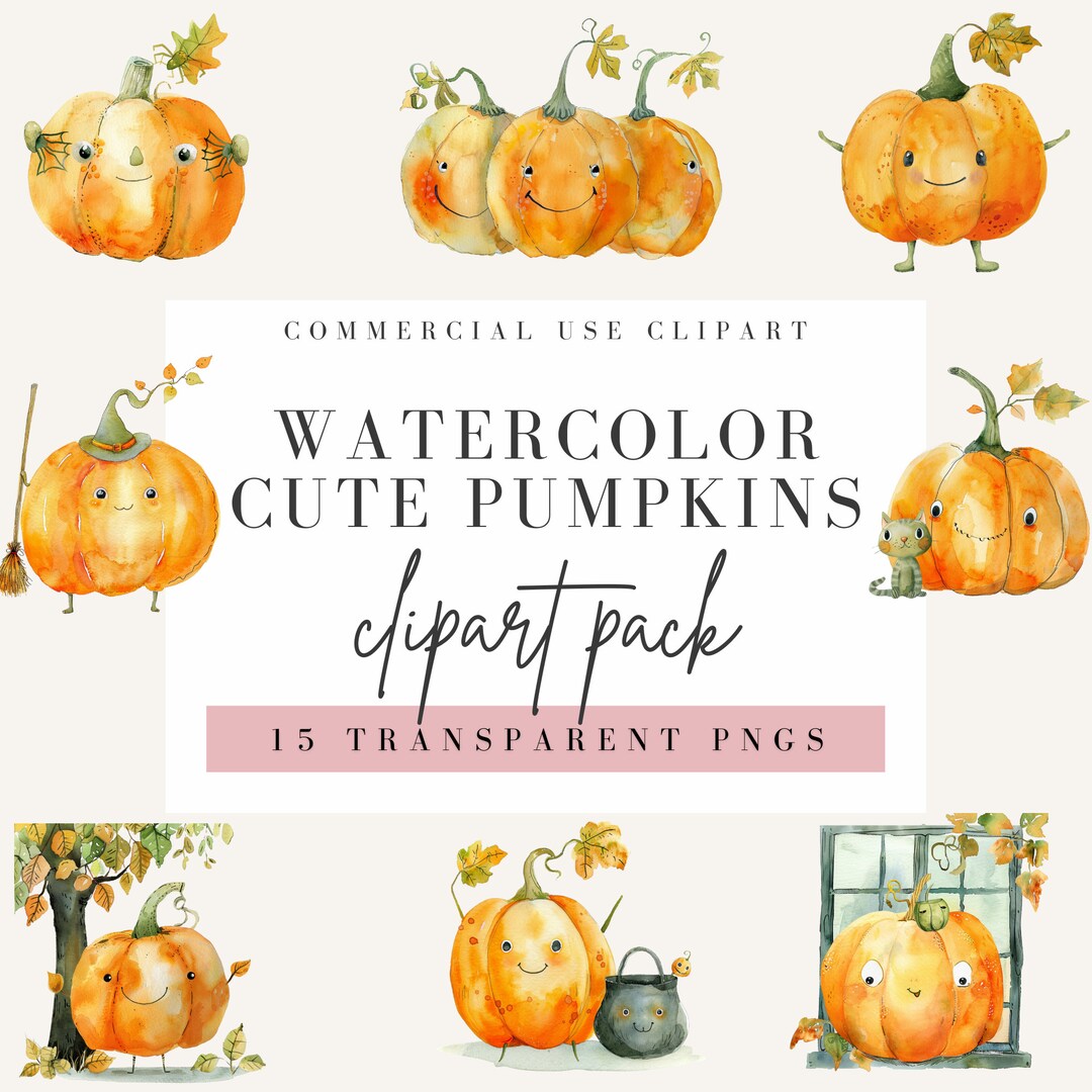Cute Halloween Pumpkins Clipart, Watercolor Transparent Commercial Use ...