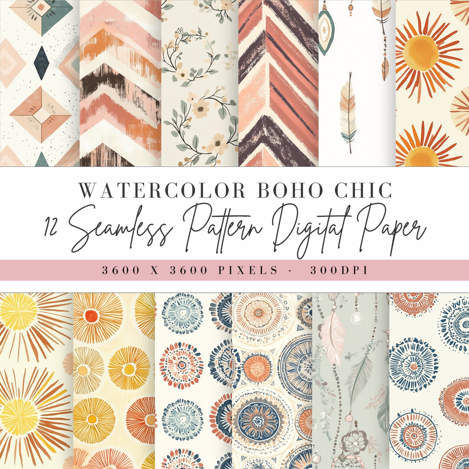 Boho Chic Digital Paper, Watercolor Style, Commercial Use PNG, Fall ...