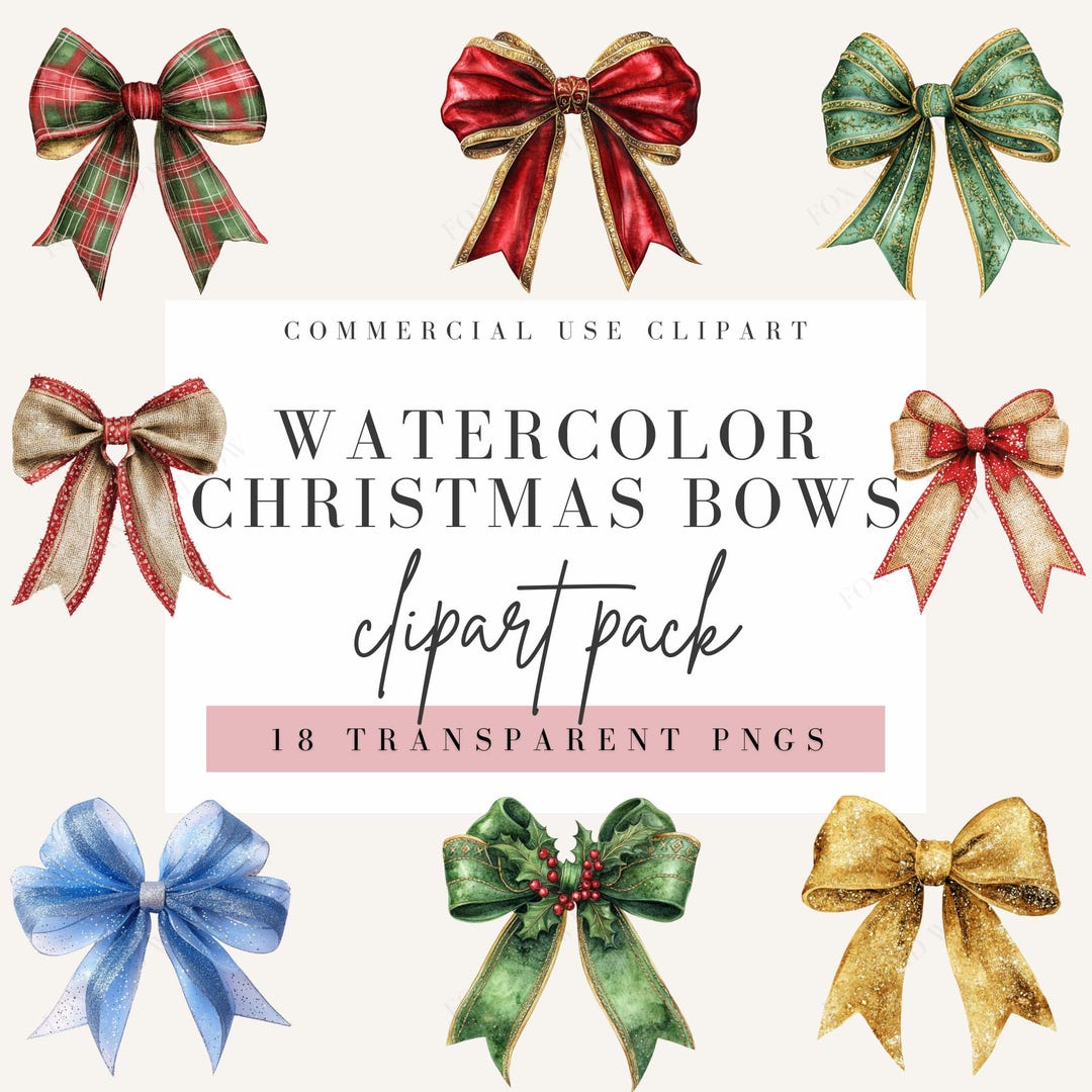 Christmas Bows Clipart, Watercolor Style, Holiday Ribbon Clip Art ...