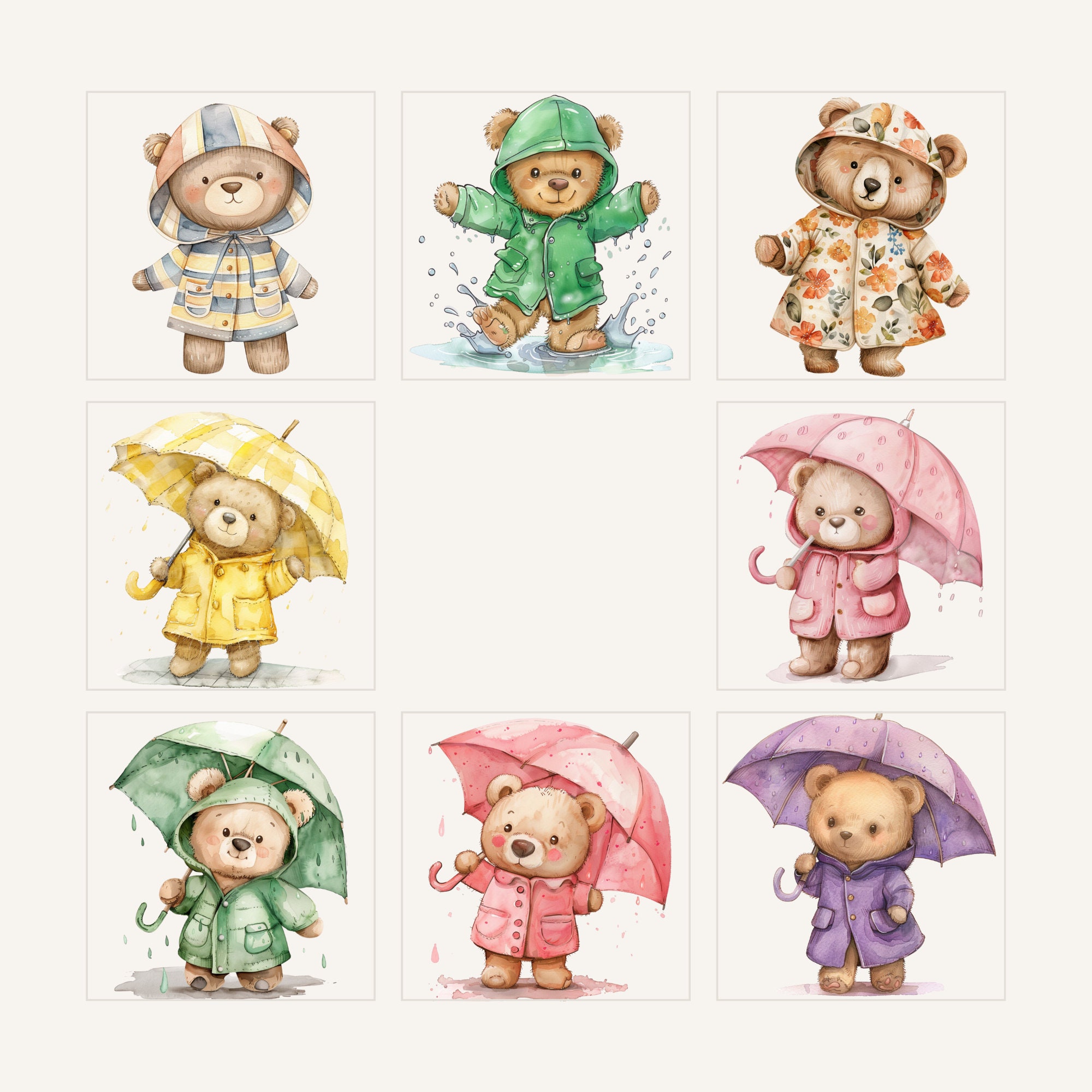 Bears in Raincoats Clipart, Rainy Day Bear, Umbrella Design, Watercolor ...