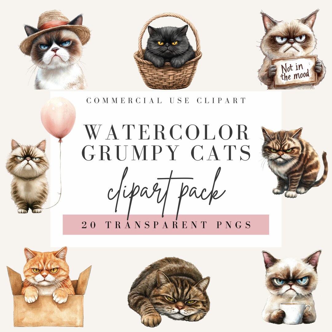 Grumpy Cat Clipart, Watercolor Style, Transparent Background ...