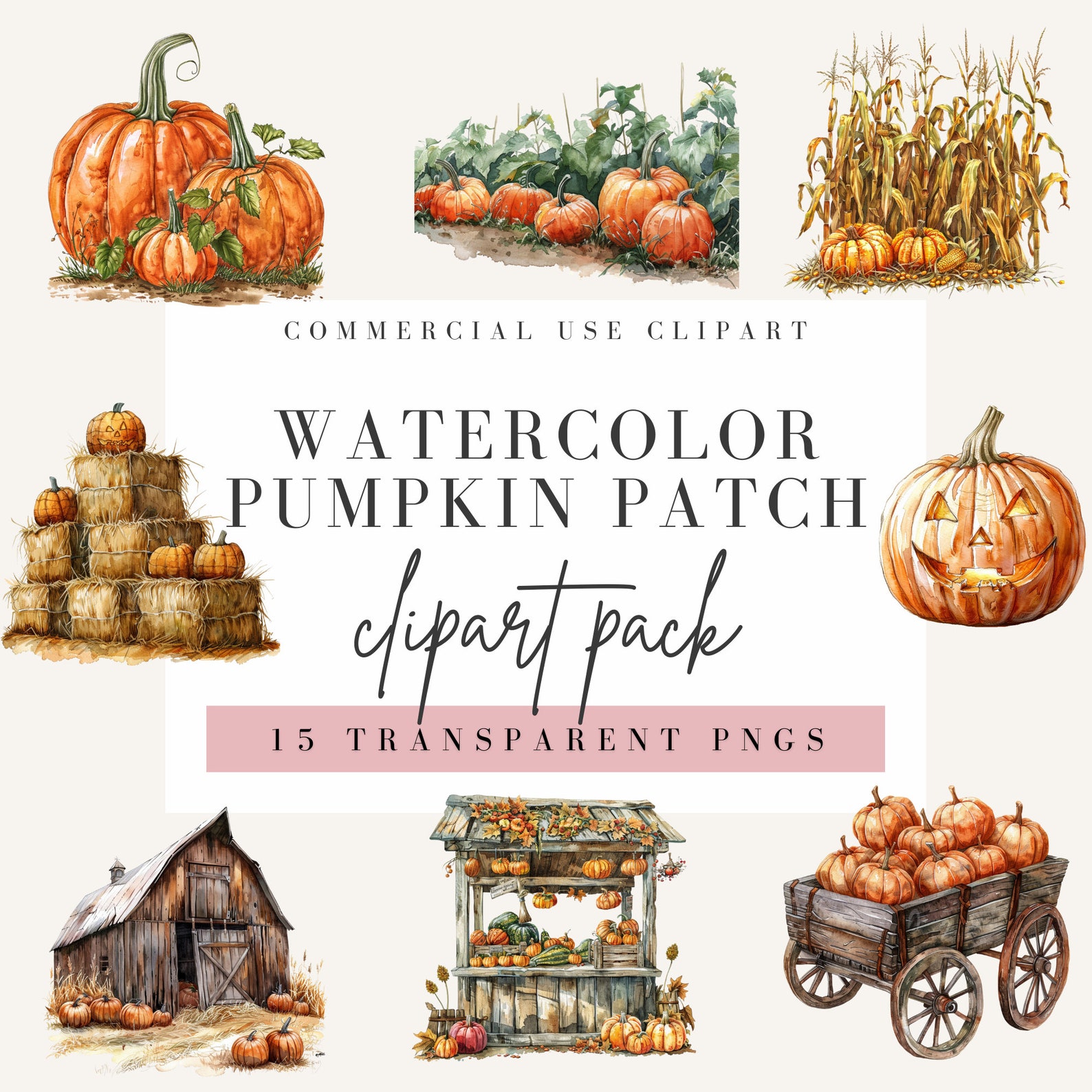 Pumpkin Patch Clipart, Watercolor Style, Transparent Commercial Use PNG ...