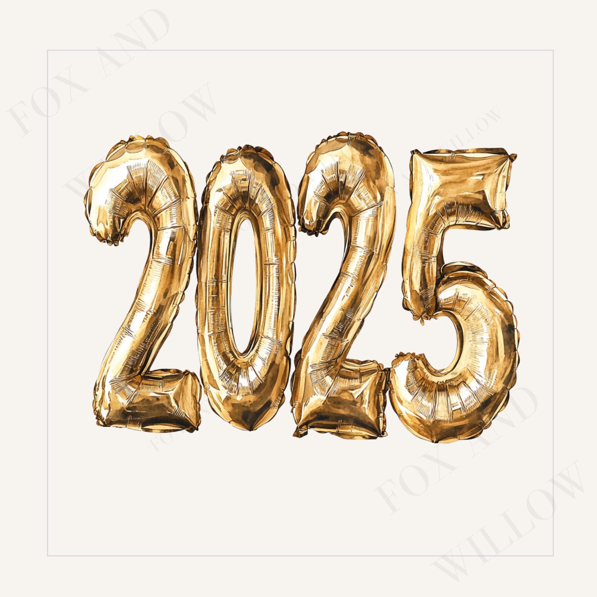 2025 Foil Balloon Clipart, Metallic Gold Clip Art Design, Watercolor ...