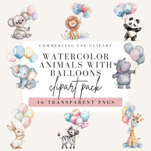 Animals With Balloons Watercolor Clipart, Transparent Background ...