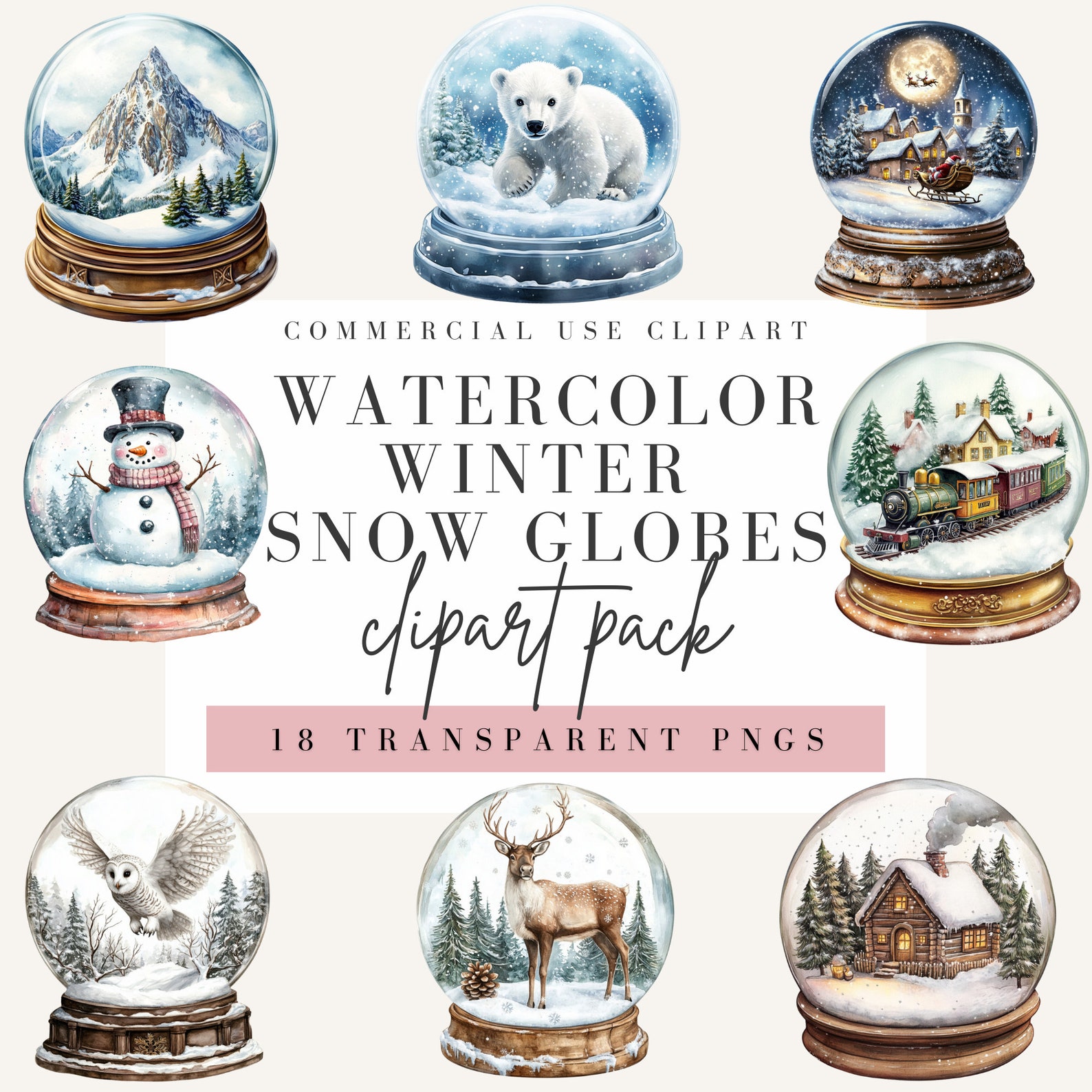 Winter Snow Globes Clipart, Watercolor Style, Transparent Background ...