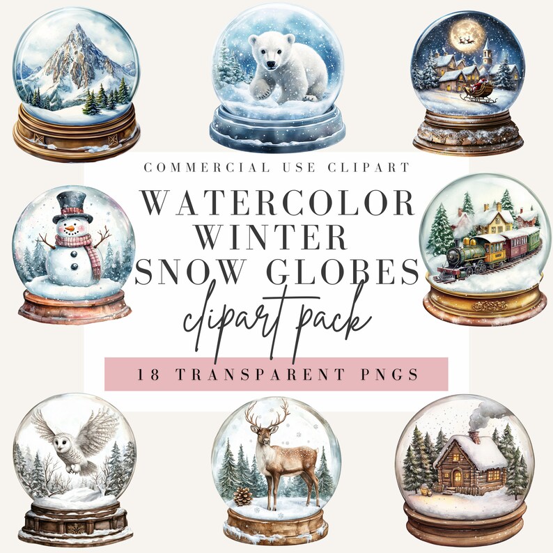 Winter Snow Globes Clipart, Watercolor Style, Transparent Background ...