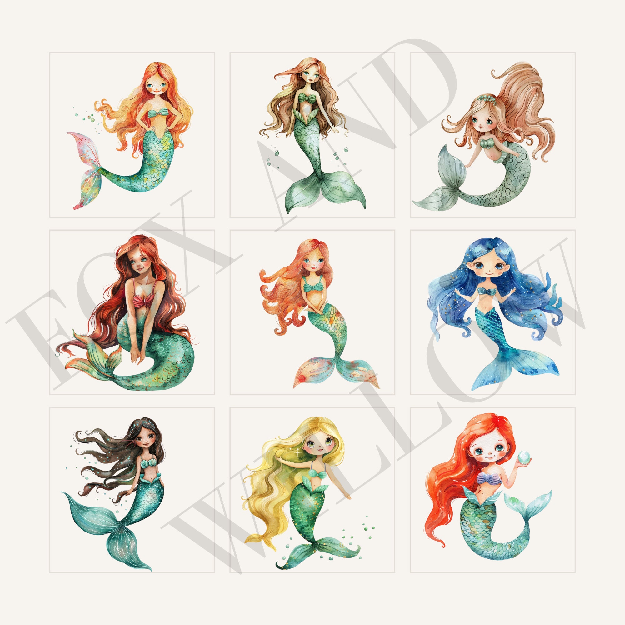 Watercolor Mermaid & Underwater Clipart Pack for Kids, Sea Life ...