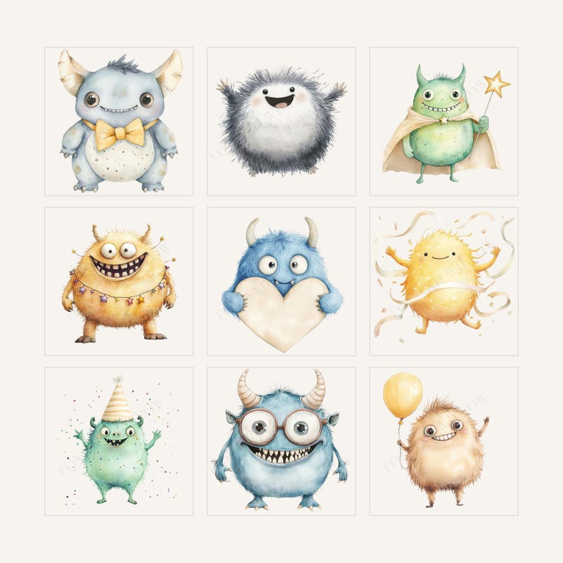 Friendly Monsters Clipart, Watercolor Style, Cute Monster Clip Art ...