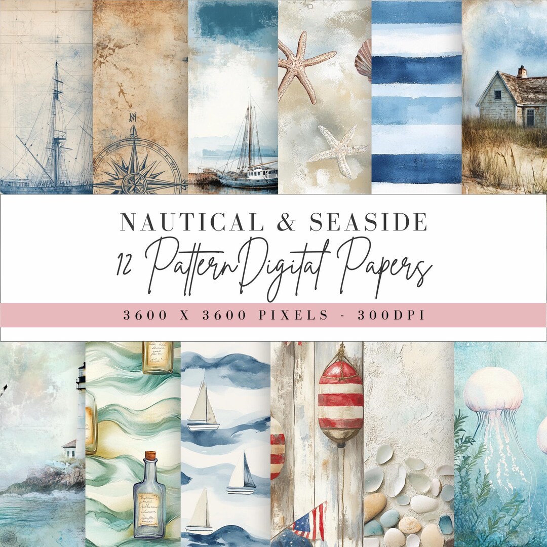 Nautical & Seaside Digital Papers, Ocean Waves Scrapbook Paper, Junk ...