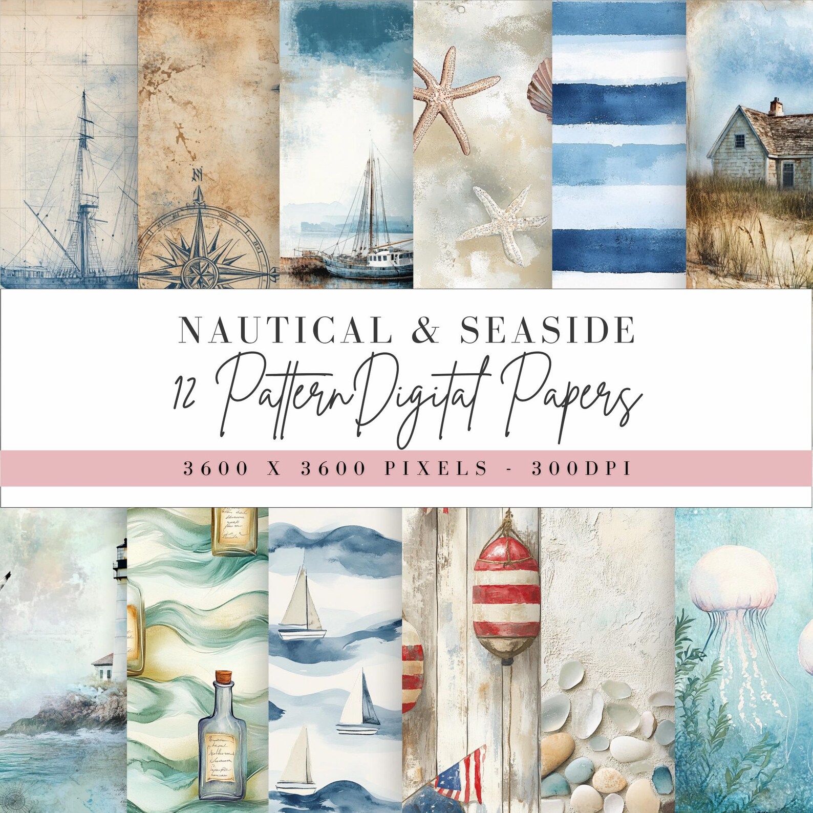 Nautical & Seaside Digital Papers, Ocean Waves Scrapbook Paper, Junk ...