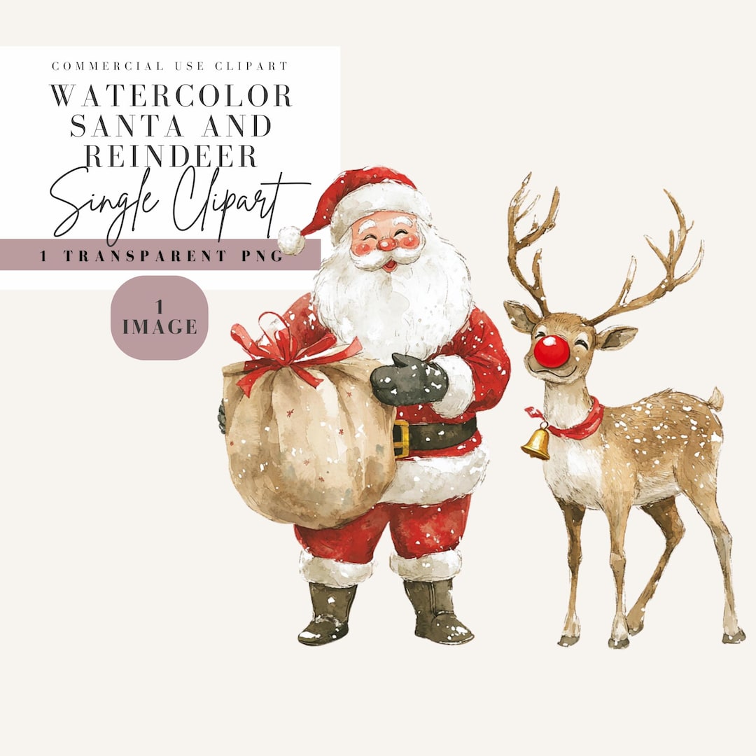 Santa and Reindeer Clipart, Watercolor Style, Transparent Background ...
