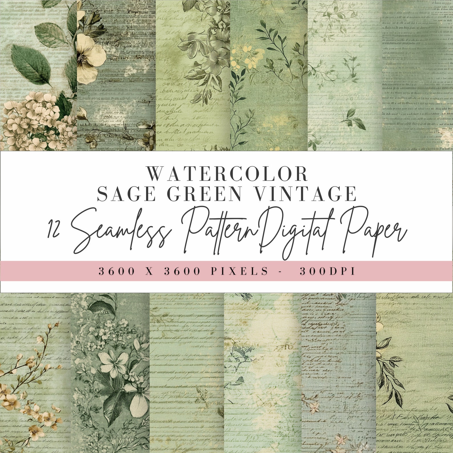 Sage Green Vintage Digital Paper, Watercolor Style, Commercial Use PNG ...