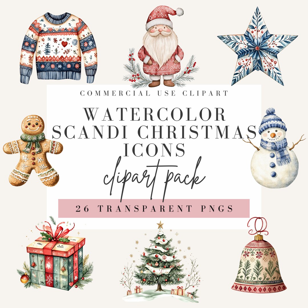 Scandi Christmas Icons Clipart, Watercolor Style, Transparent ...