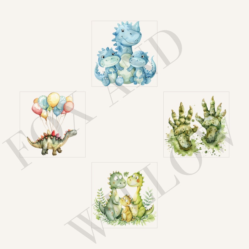 Cute Dinosaur Themed Watercolor Clipart, Transparent Commercial Use PNG ...
