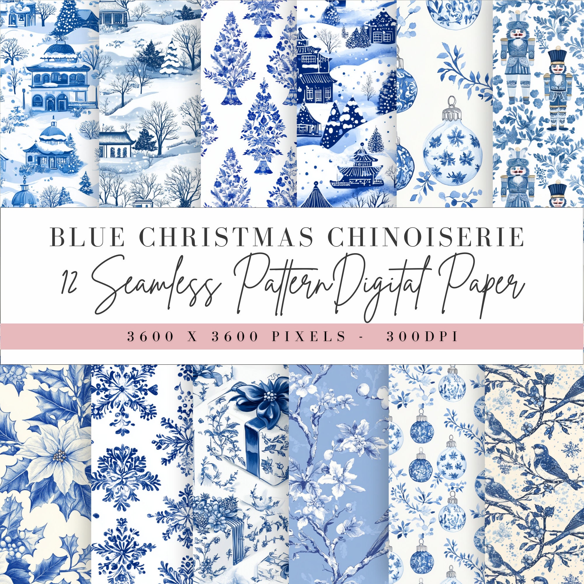 Blue Christmas Chinoiserie Digital Paper, Toile Pattern, Commercial Use ...