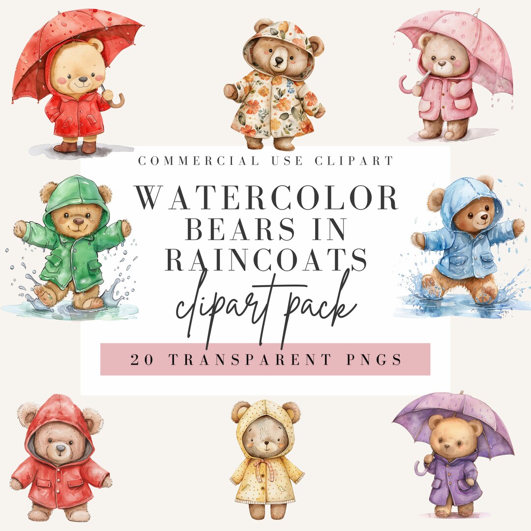 Bears in Raincoats Clipart, Rainy Day Bear, Umbrella Design, Watercolor ...