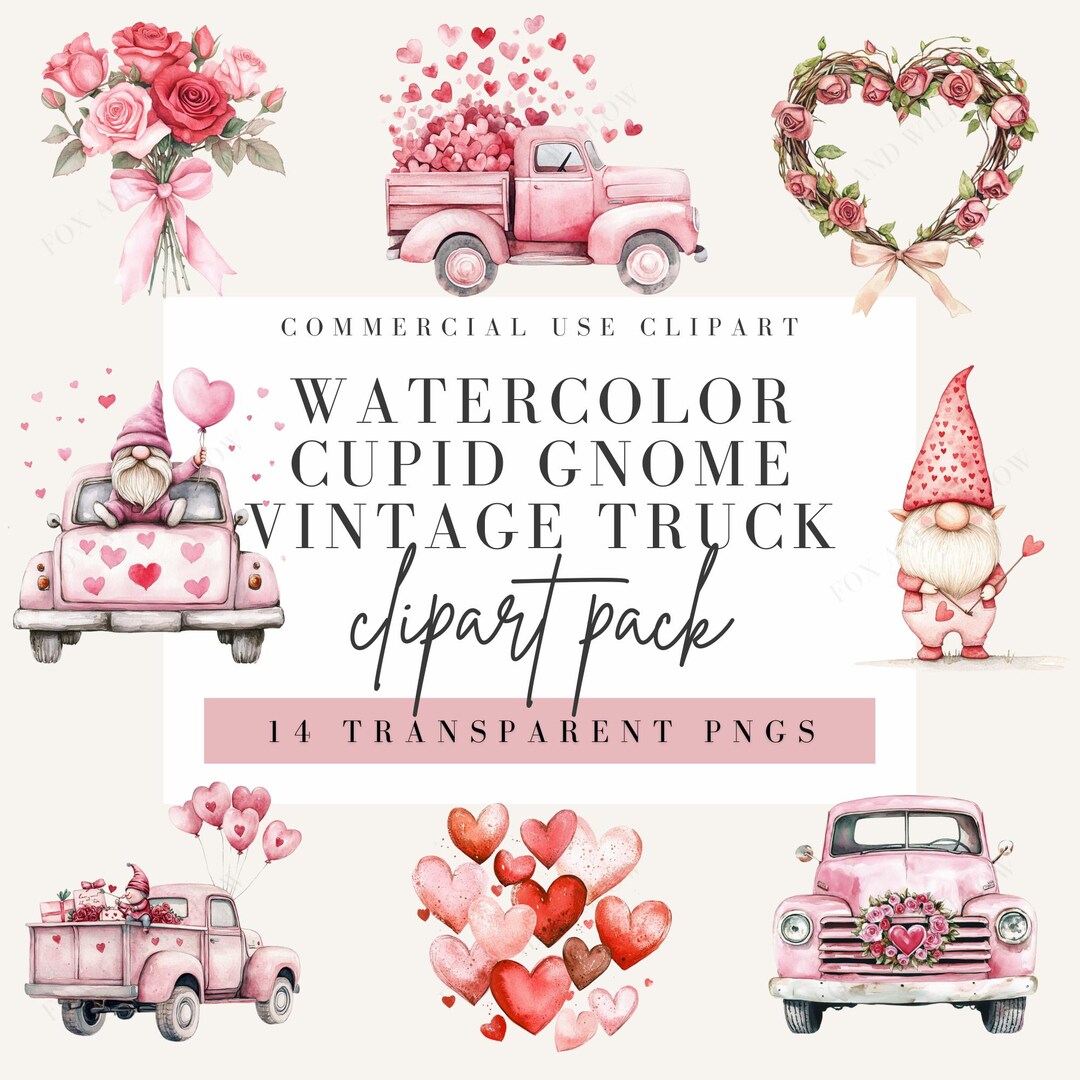 Cupid Gnome Vintage Truck Clipart, Watercolor Style, Retro Love Truck ...
