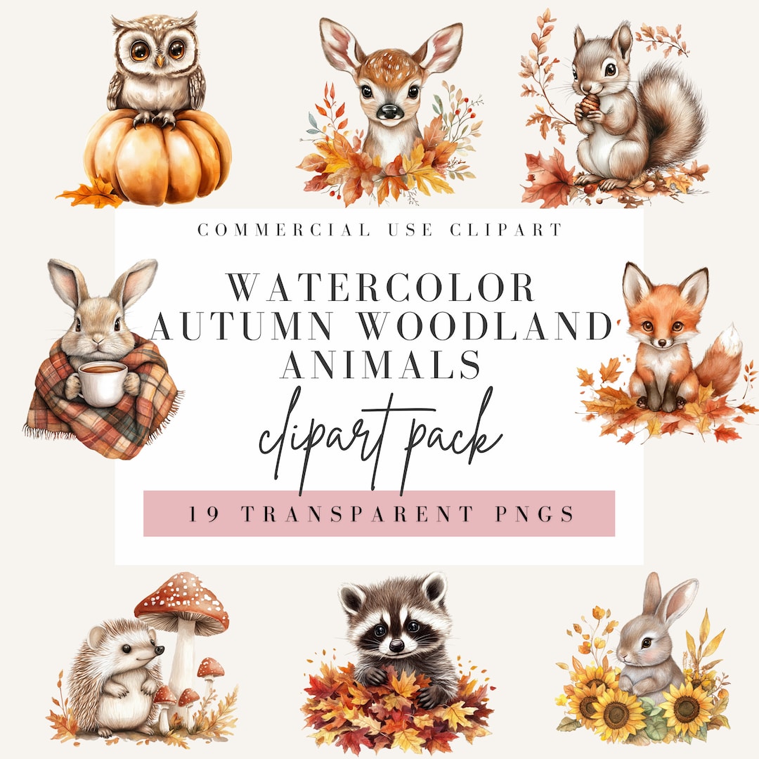 Autumn Woodland Animals Clipart, Watercolor Style, Transparent ...