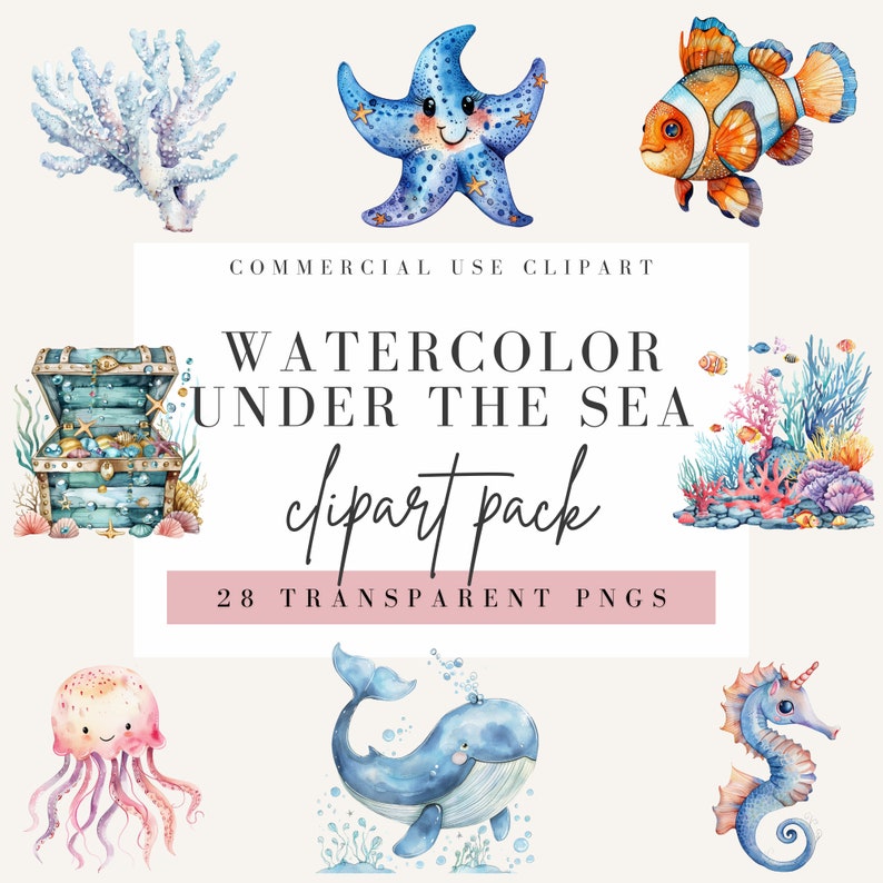 Sea Animals Clipart, Watercolor Clip Art, Undersea, Nursery Decor ...