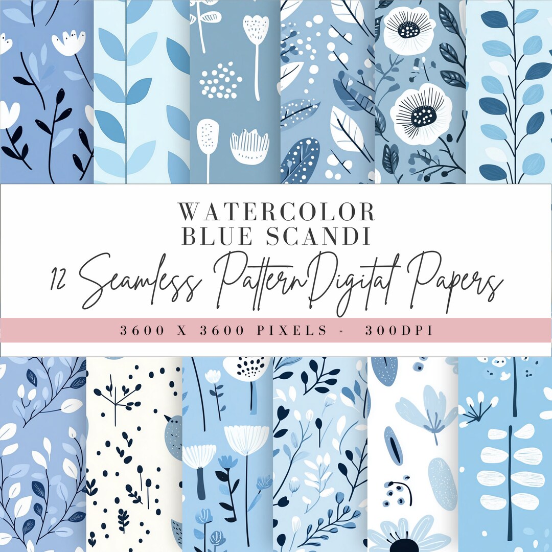 Blue Scandi Digital Paper, Watercolor Style, Commercial Use PNG, Skandi ...
